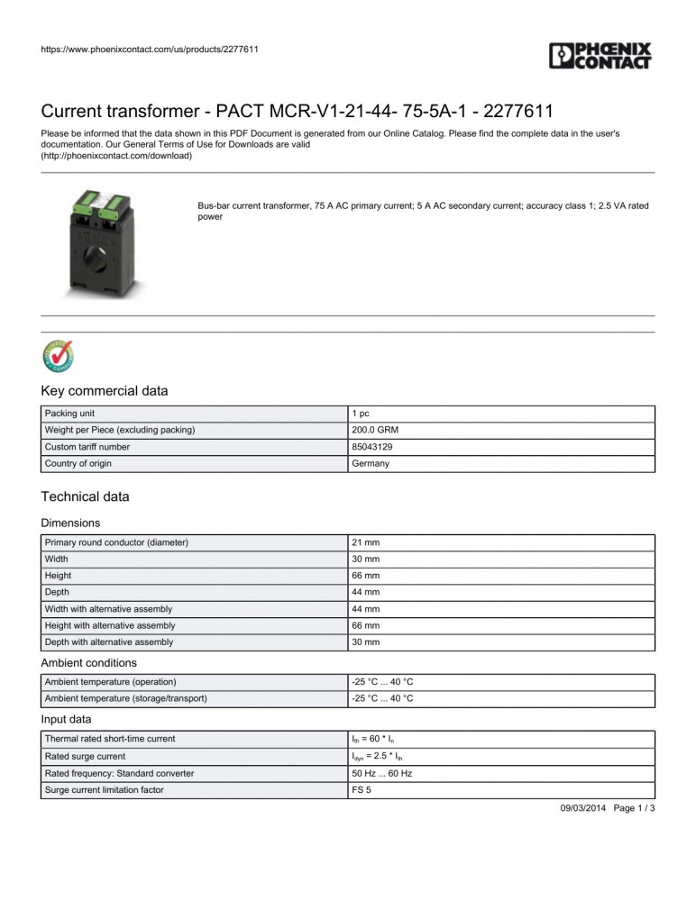 Phoenix Contact 2277611 product document page 1