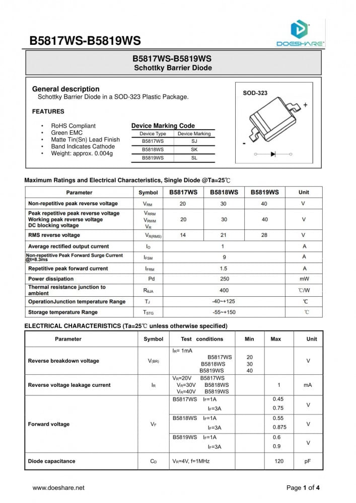B5819WS datasheet page 1