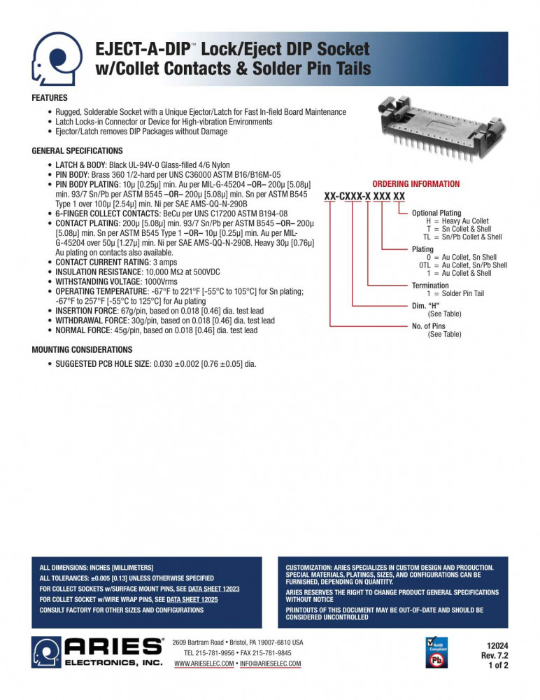 Aries Electronics 40-C182-10 EJECT-A-DIP technical document page 1