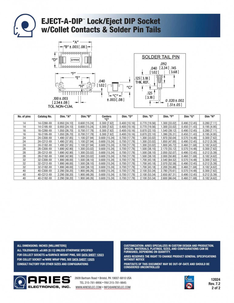 Aries Electronics 40-C182-10 dimensional table