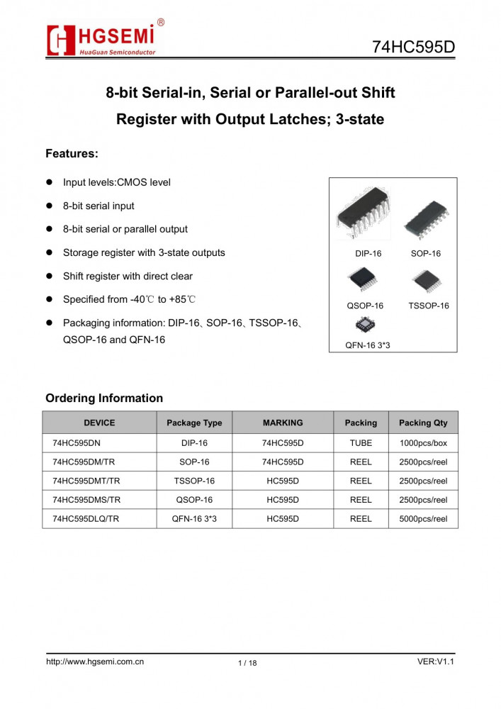 74HC595DM/TR datasheet page 1