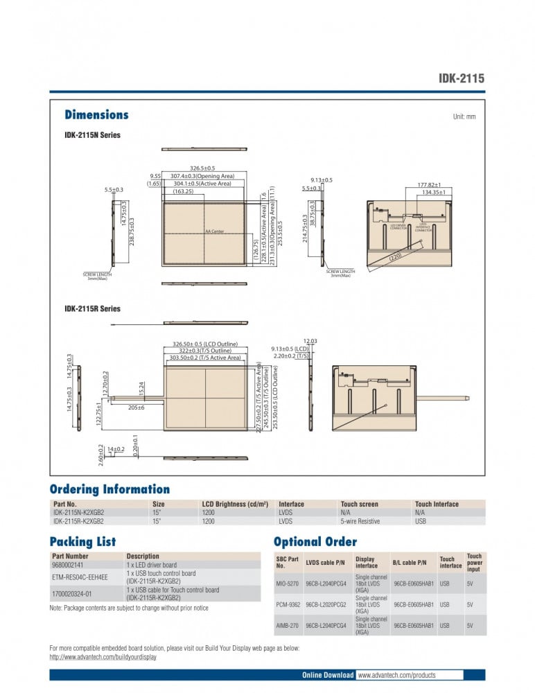 ADVANTECH IDK-2115N-K2XGB2 technical document page 2