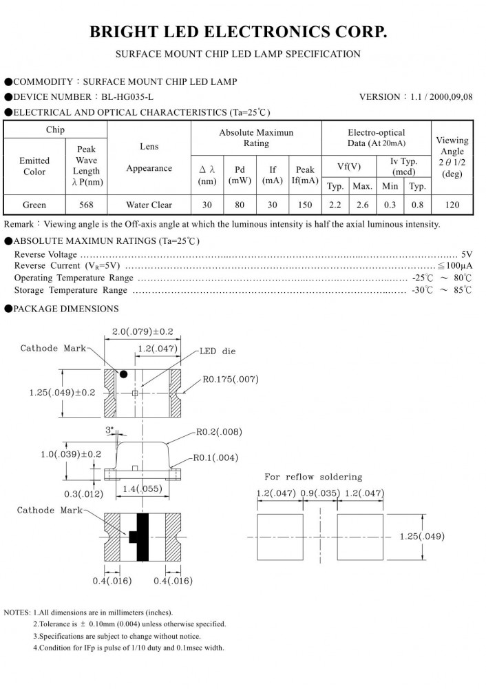 BL-HG035-L technical specification page