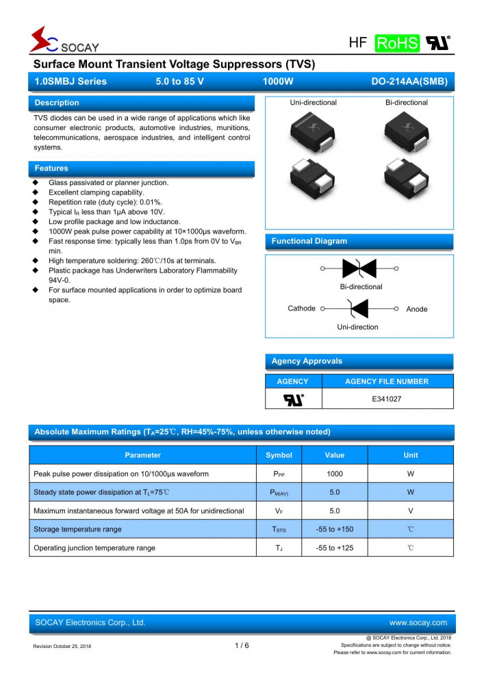 SOCAY 1.0SMBJ Series datasheet page 1