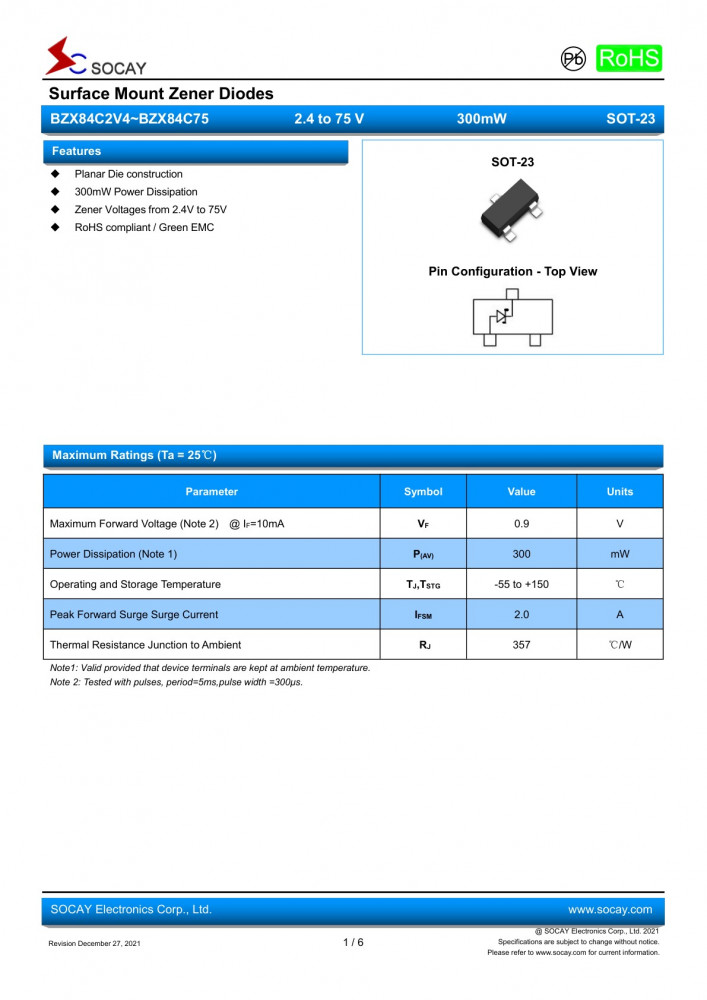 SOCAY BZX84C series datasheet page 1
