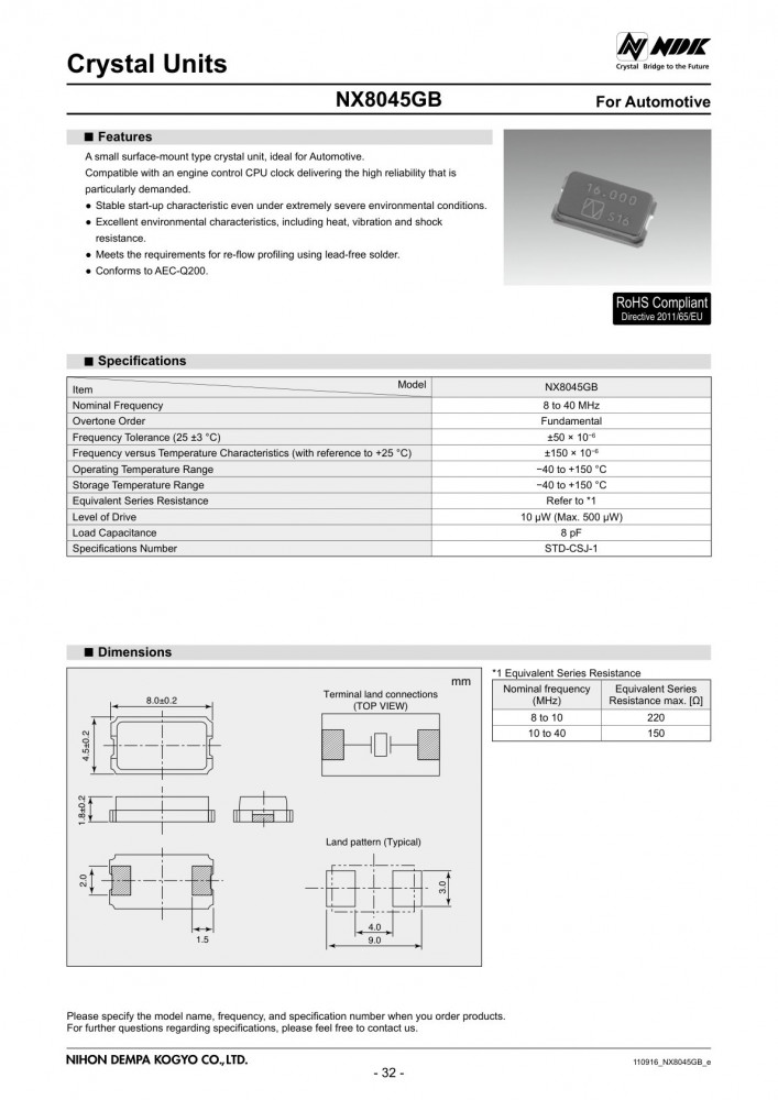 NDK NX8045GB technical document page