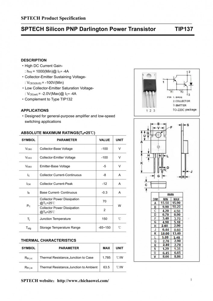 TIP137 technical datasheet page 1