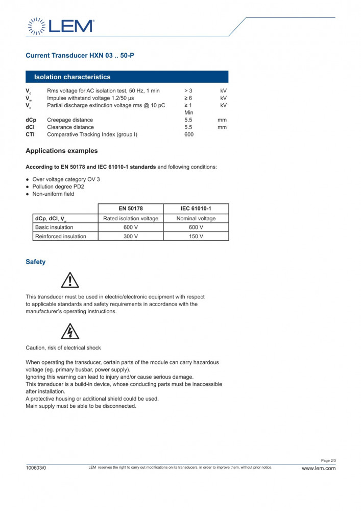 LEM HXN current transducer datasheet page 2