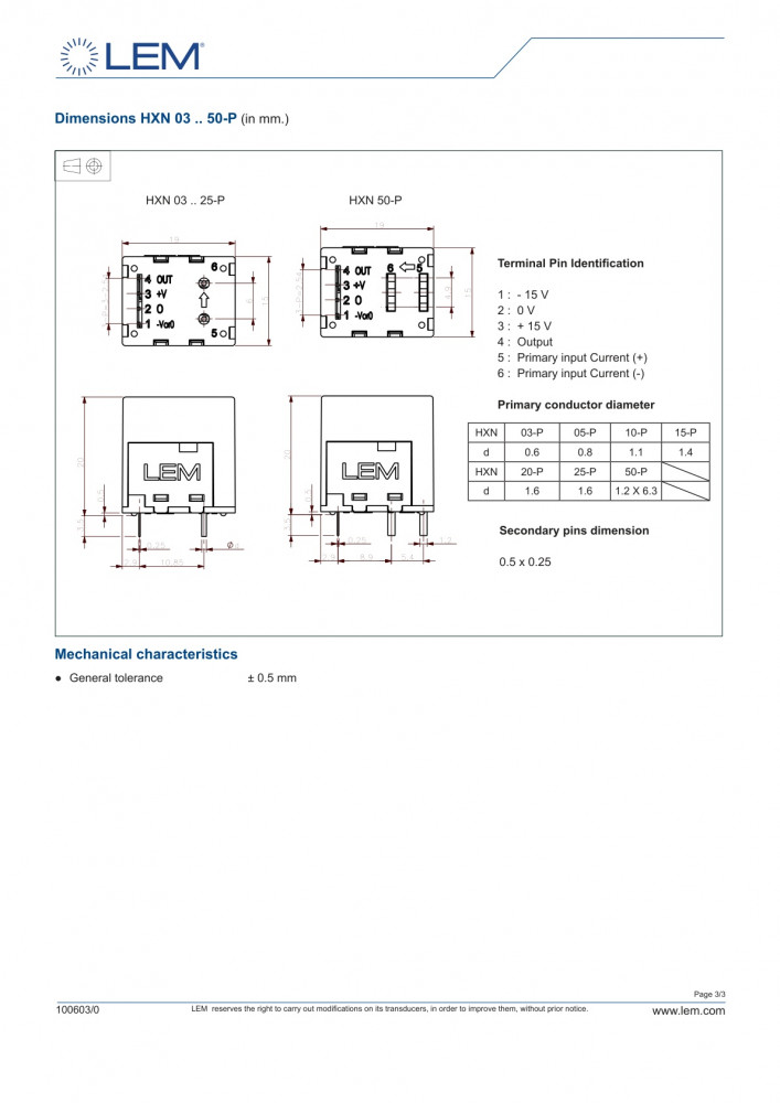 LEM HXN current transducer datasheet page 3
