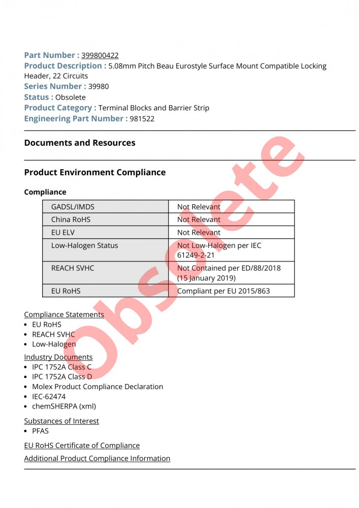 MOLEX 399800422 document preview, page 1