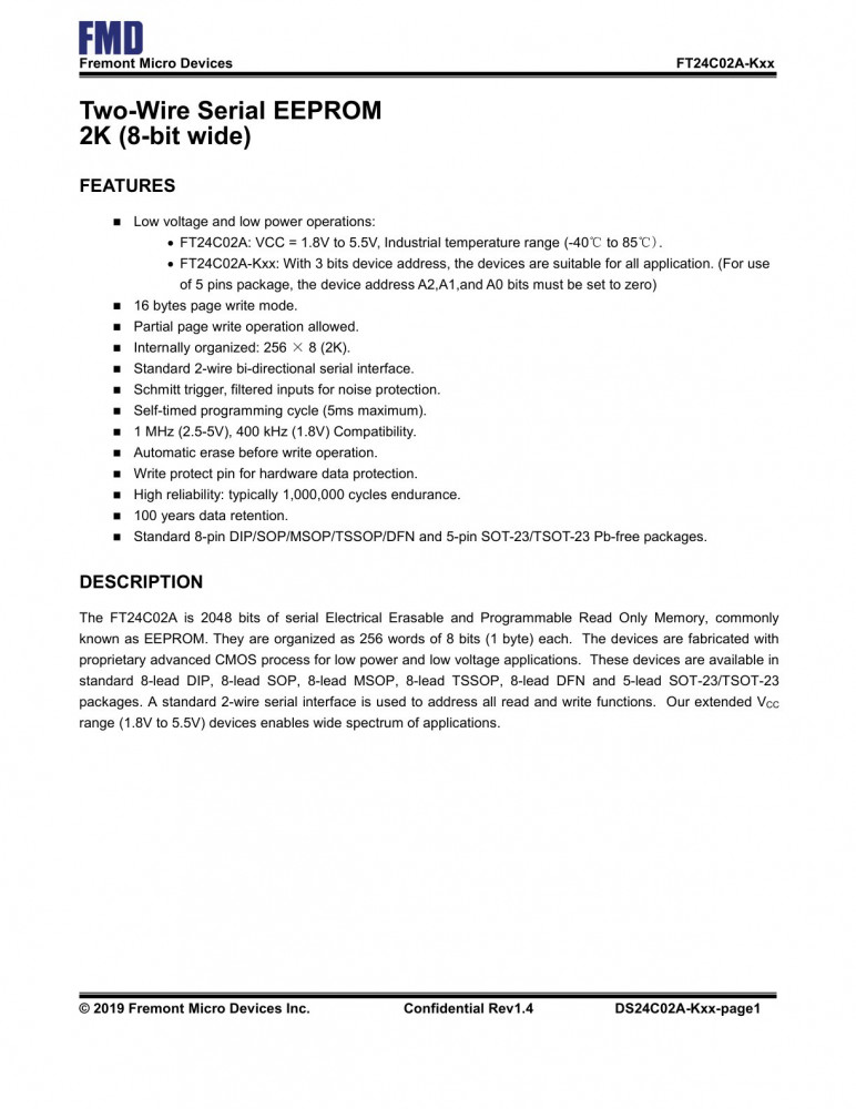 FT24C02A-KLR-T datasheet page 1