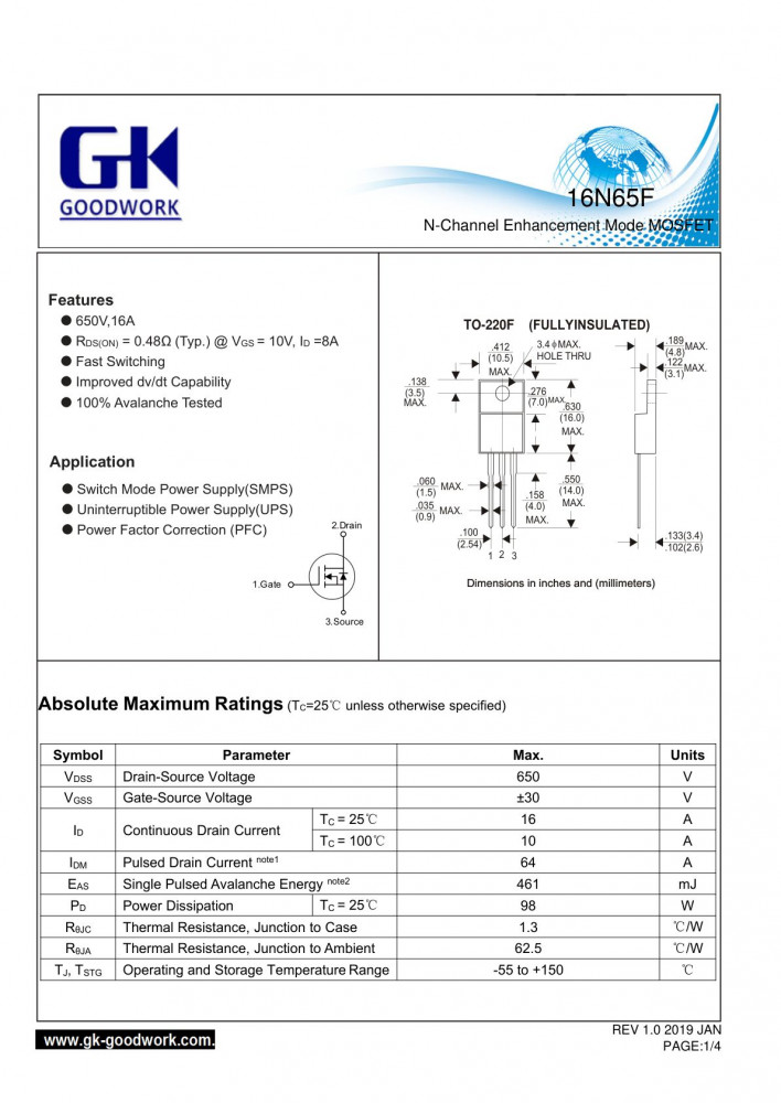 16N65F technical document page 1