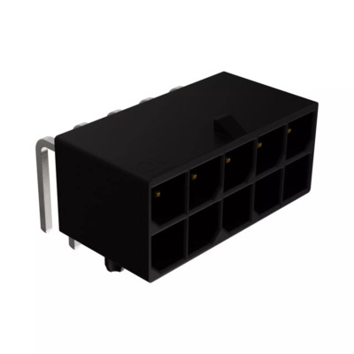 Mega-Fit Right-Angle Header, 5.70mm Pitch, Through Hole, Dual Row, 2 Circuits, 0.38µm Gold (Au) Plating, 3.60mm Tail Length, Glow-Wire Capable, Tape and Reel, Black