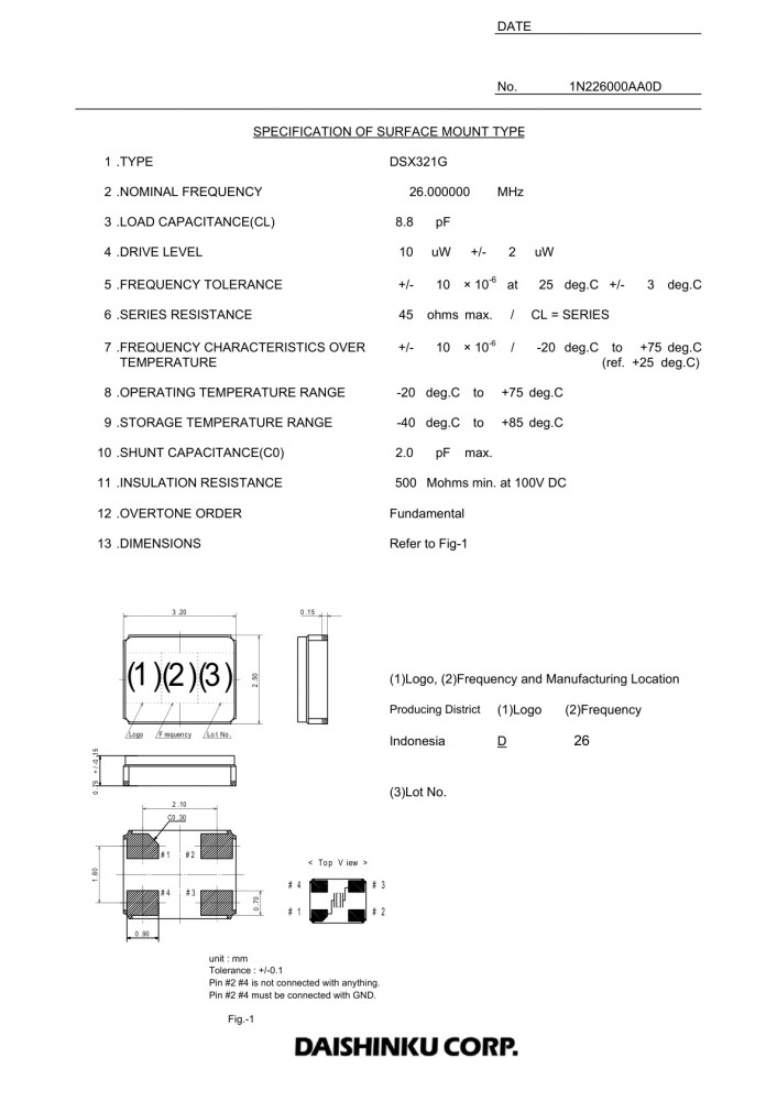 KDS DSX321G 1N226000AA0D technical specification drawing
