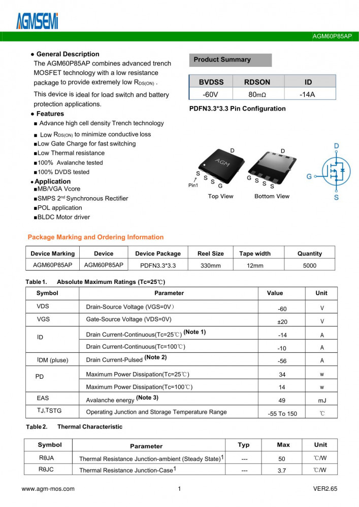AGM60P85AP datasheet page 1