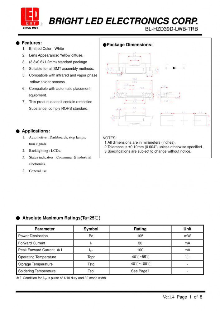 BL-HZD39D-LWB-TRB datasheet page 1
