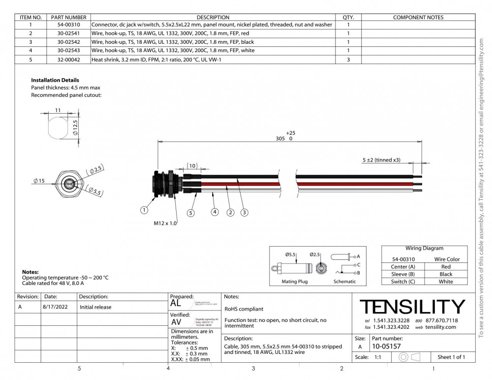 Tensility 10-05157 product drawing and wiring information