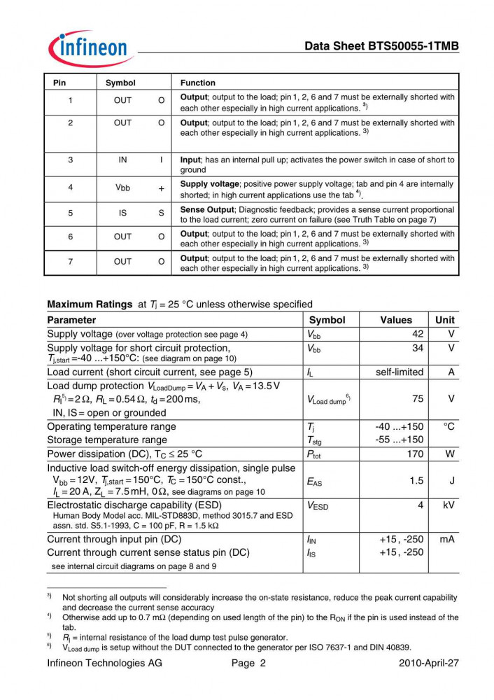 BTS500551TMBAKSA1 datasheet page 2