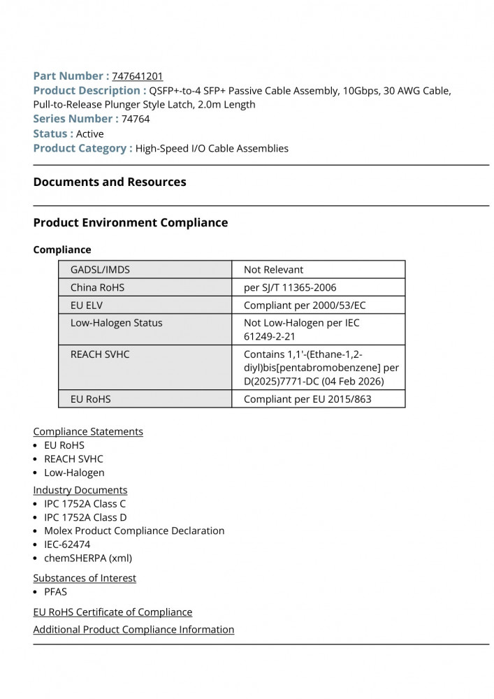 MOLEX 747641201 product document image, page 1