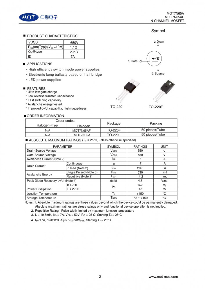 MOT7N65AF datasheet page 1