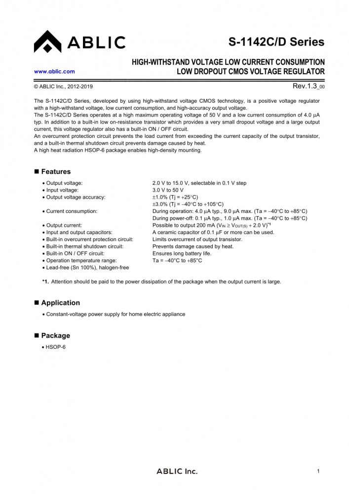 ABLIC S-1142DCOI-E6T1U datasheet page 1