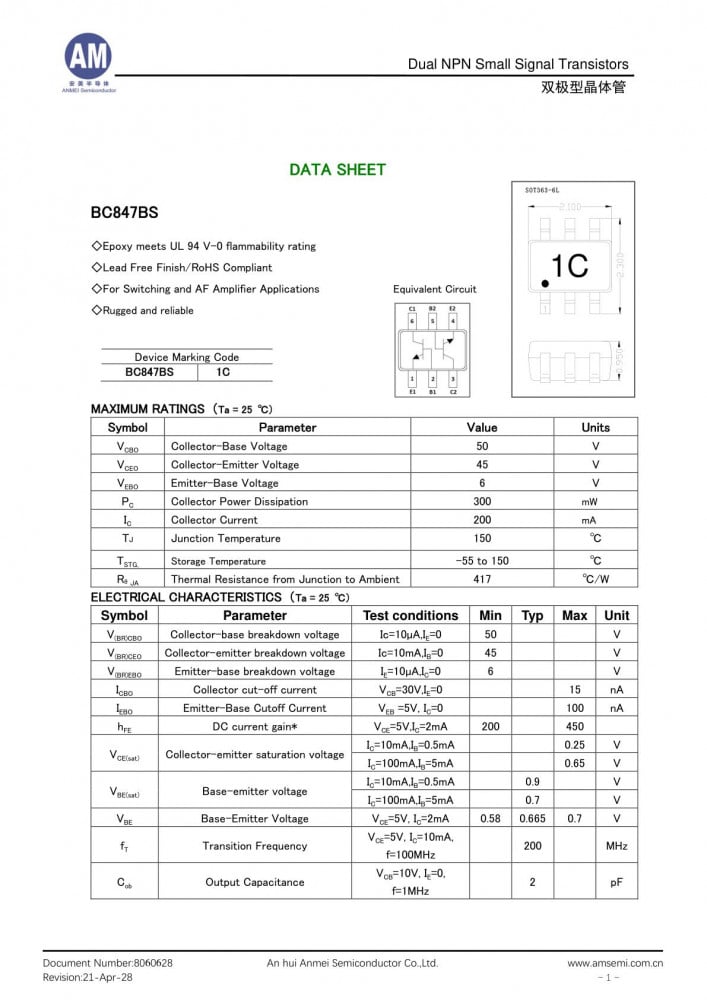 BC847BS datasheet page 1