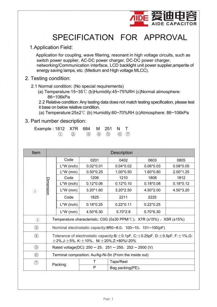 AIDE CAPACITOR datasheet page 1