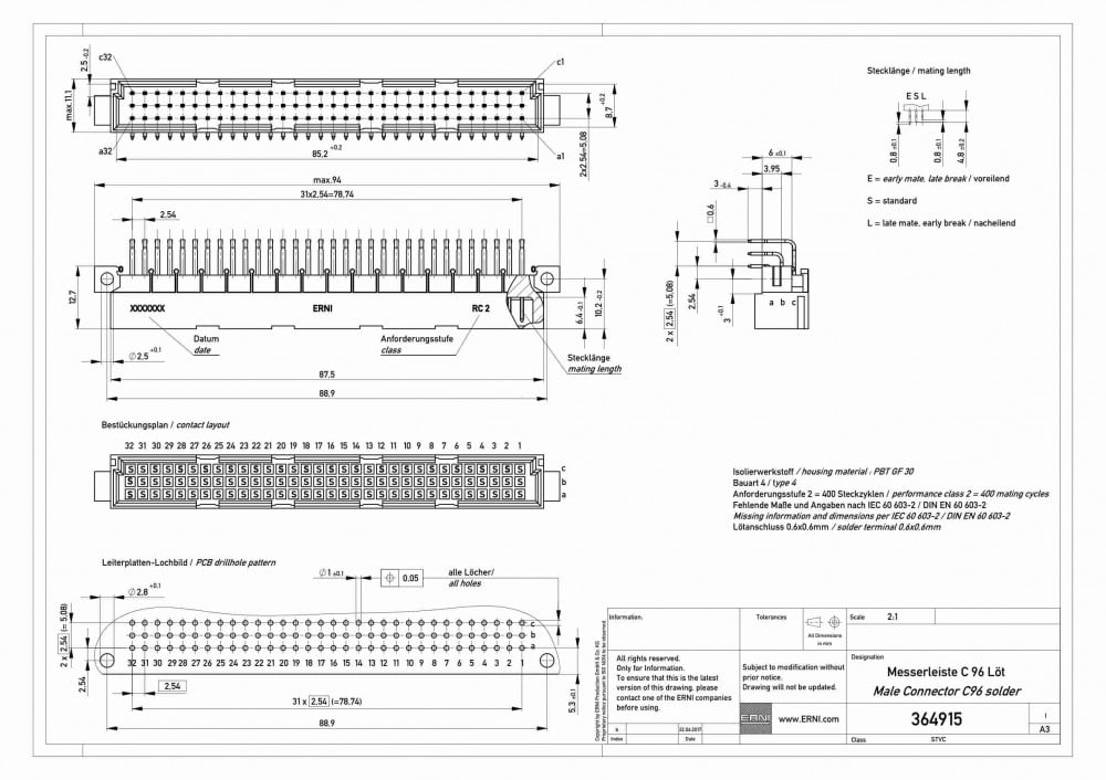 TE Connectivity ERNI 364915 C96 solder connector drawing