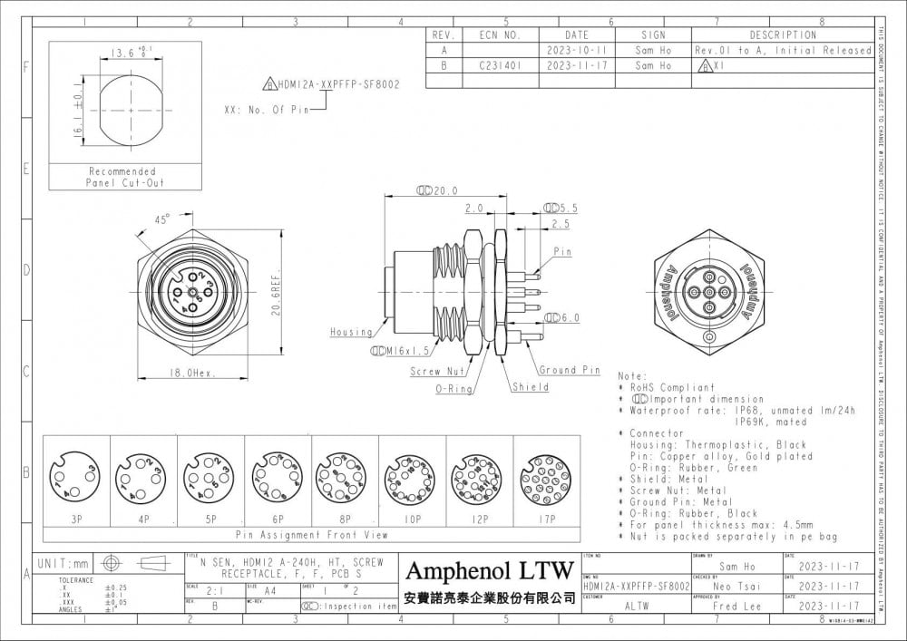 Amphenol HDM12A-05PFFP-SF8002 drawing page 1