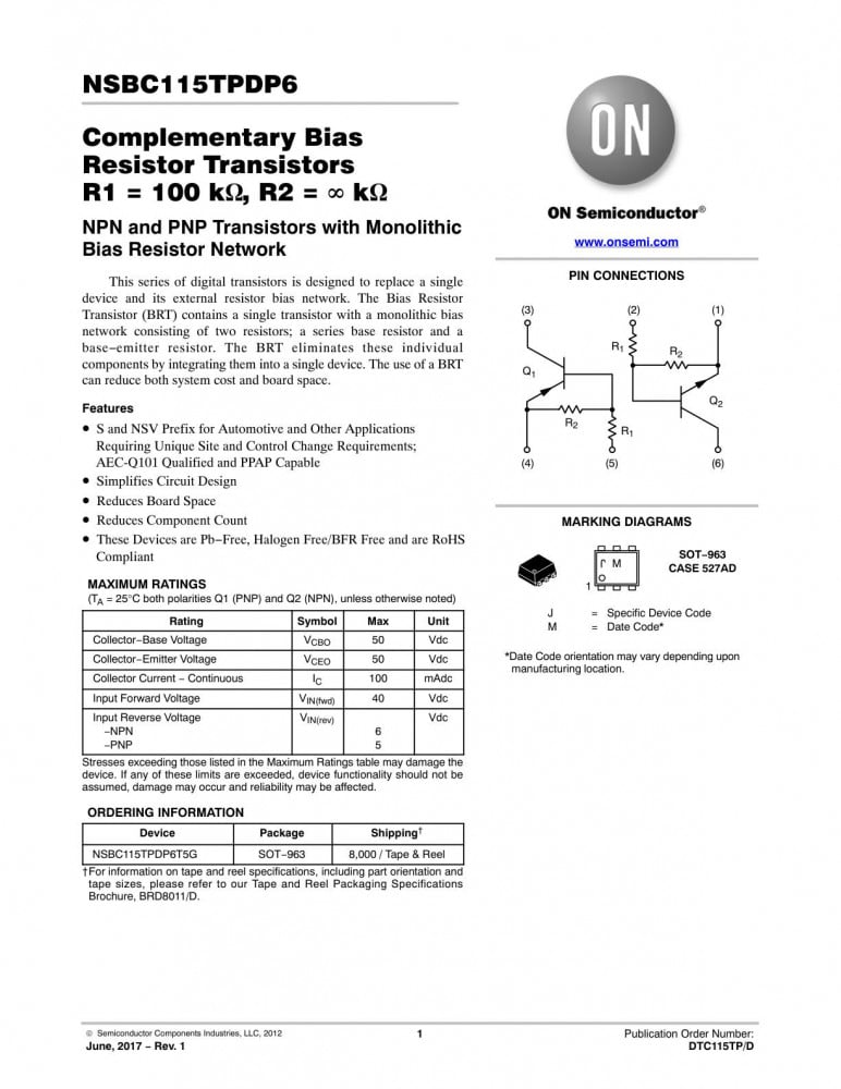 NSBC115TPDP6T5G datasheet page 1