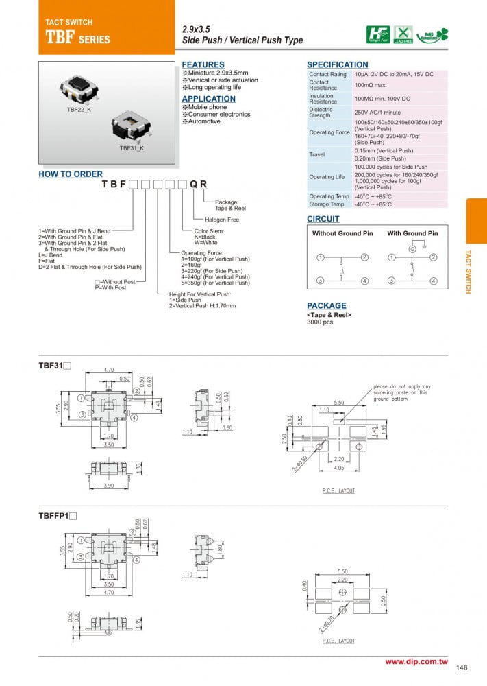 Diptronics tactile switch datasheet page 1