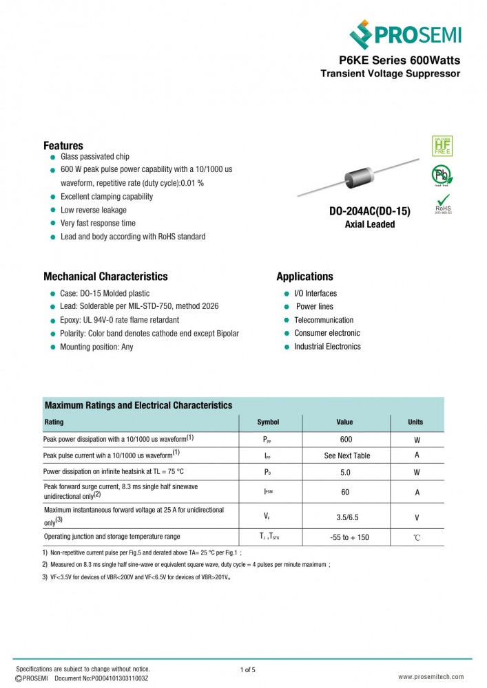 P6KE6.8CA datasheet page 1