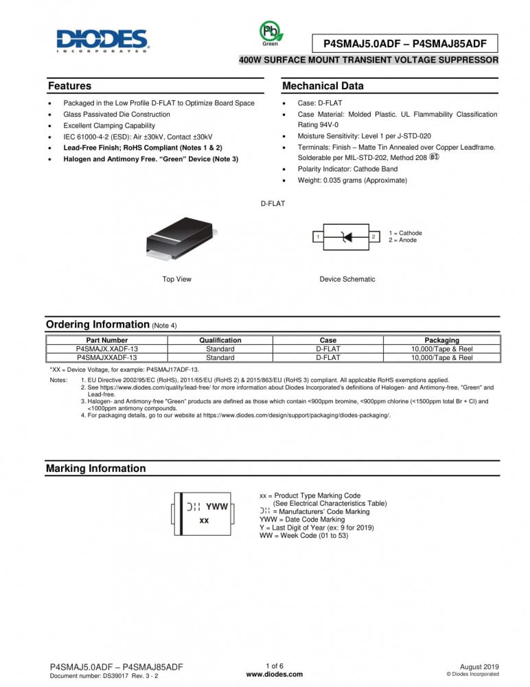 P4SMAJ12ADF-13 datasheet page 1