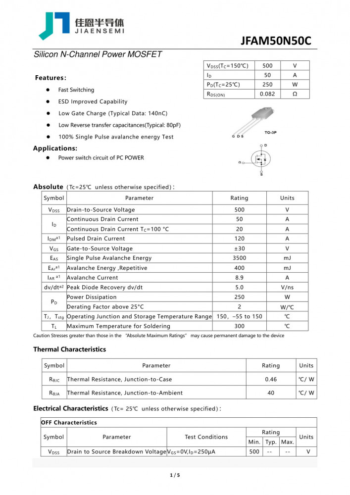 JFAM50N50C datasheet page 1