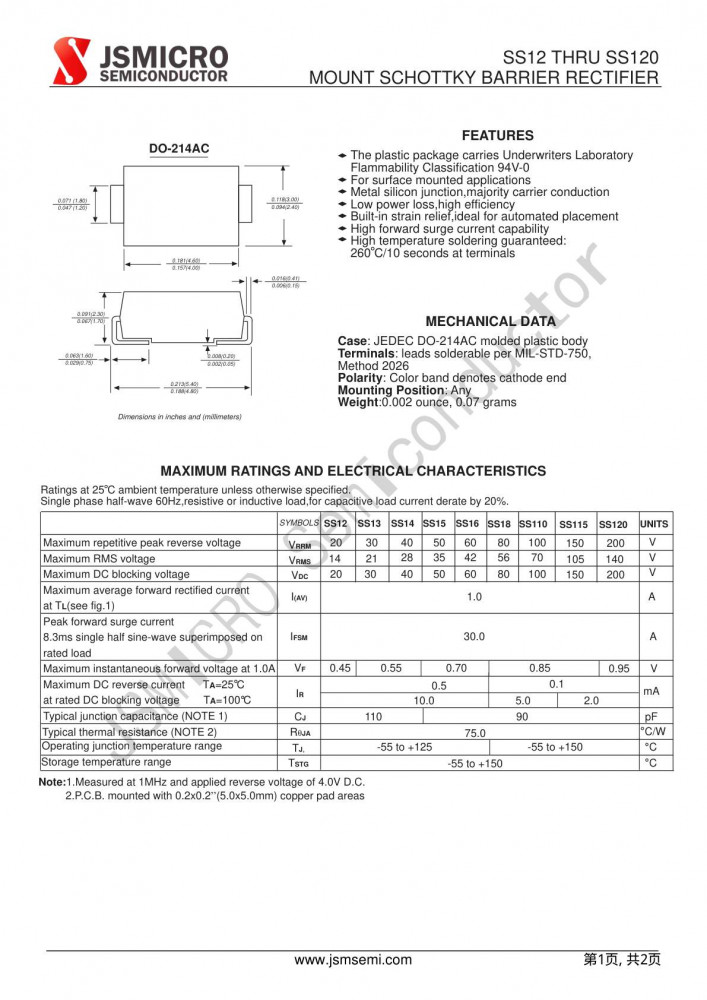 JSMSEMI SS14 datasheet page 1