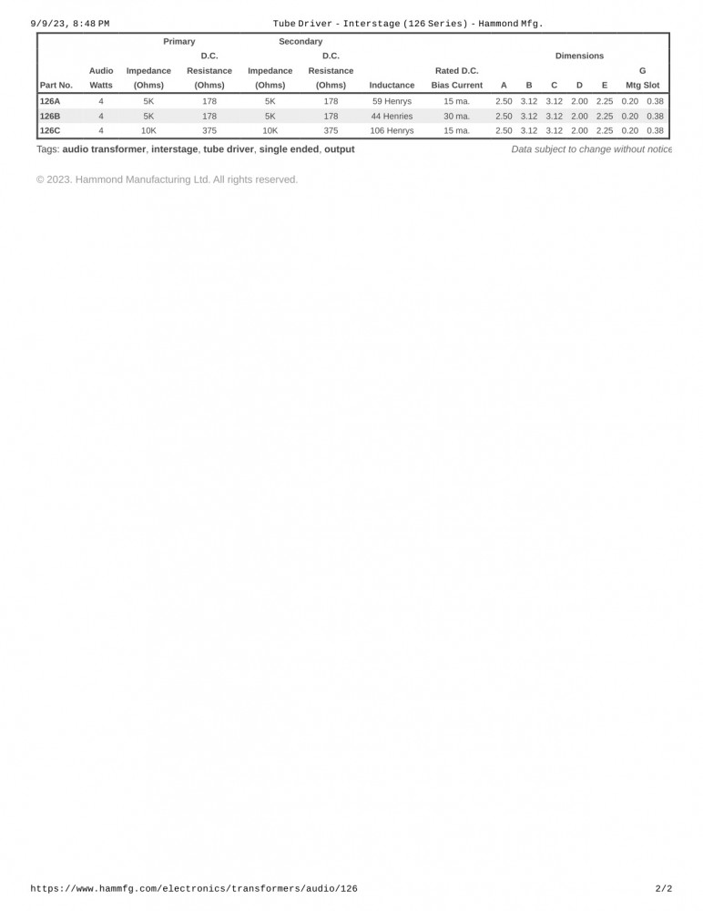 Hammond 126 Series technical document page 2