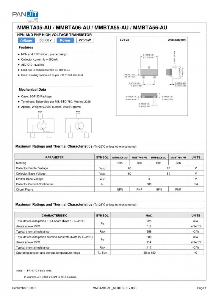 PANJIT MMBTA06-AU datasheet page 1