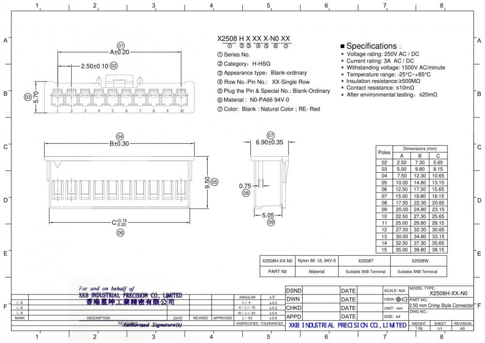 X2508H-02-N0 technical drawing and specifications