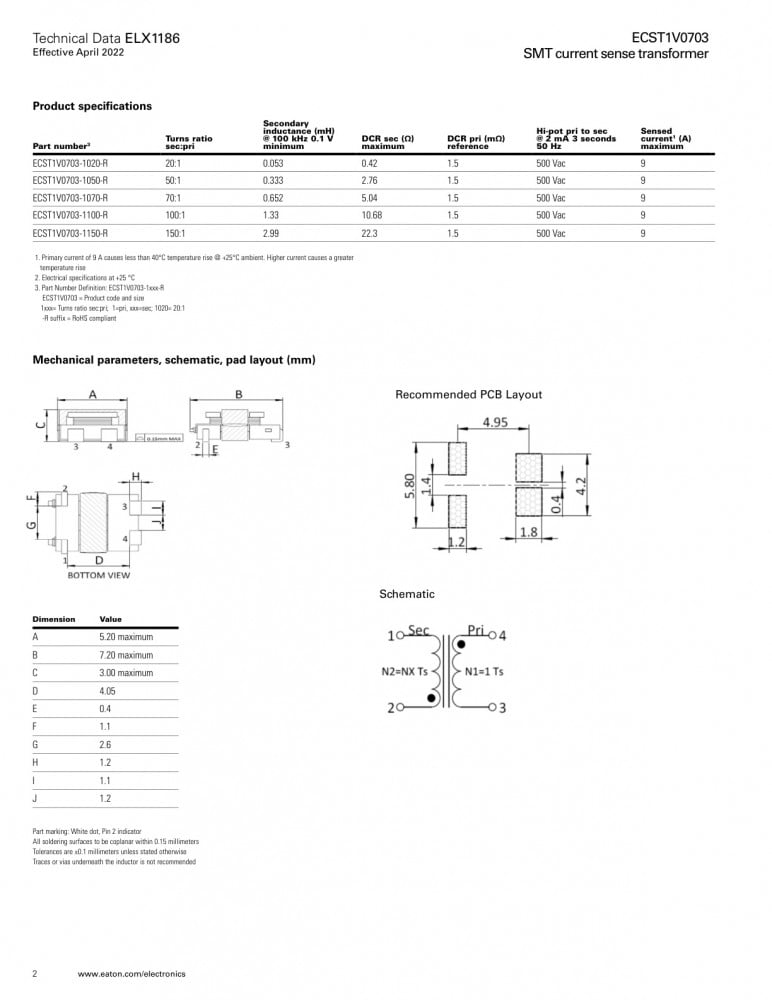 ECST1V0703 mechanical dimensions and schematic