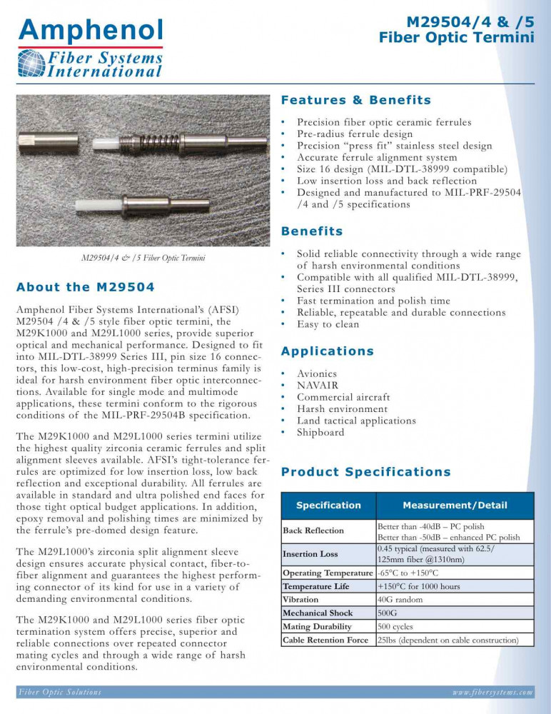 M29K2000 M29504/4 fiber optic terminus technical document, page 1