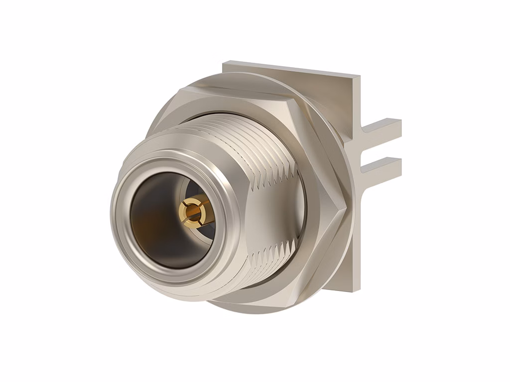 N Jack, Straight, Bulkhead Receptacle, PCB, Edge Mount, with Jam Nut and Lockwasher, Brass Body, Nickel (Ni) Plated, Tray, 50 Ohms for sale