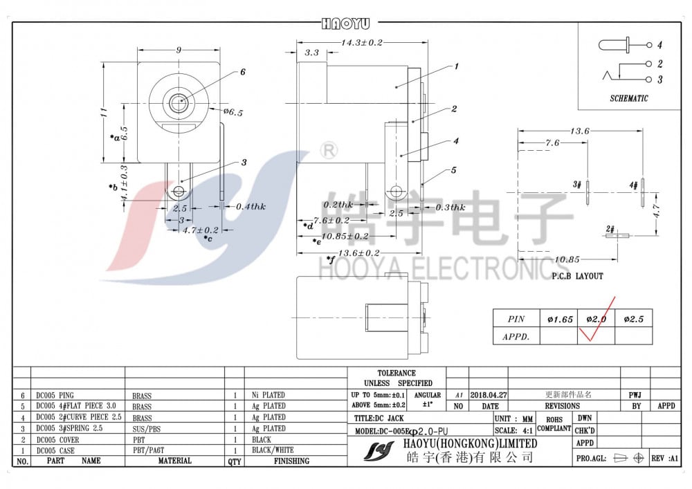 HOOYA DC-005Eφ2.0-PU technical drawing