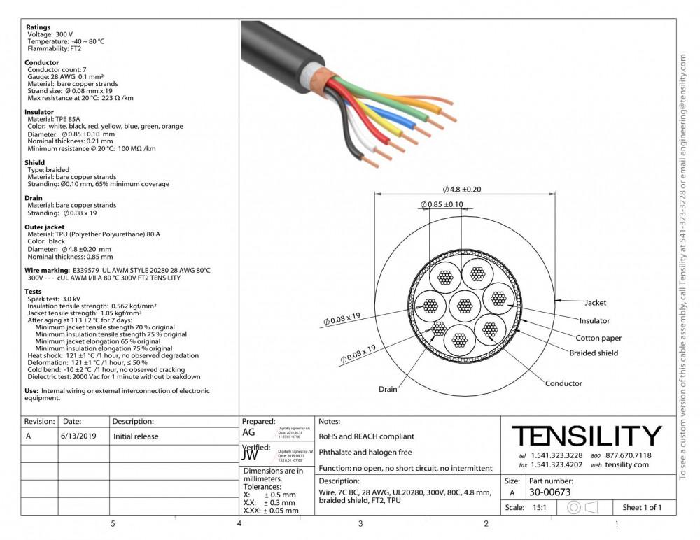 Tensility 30-00673 cable drawing and specification sheet