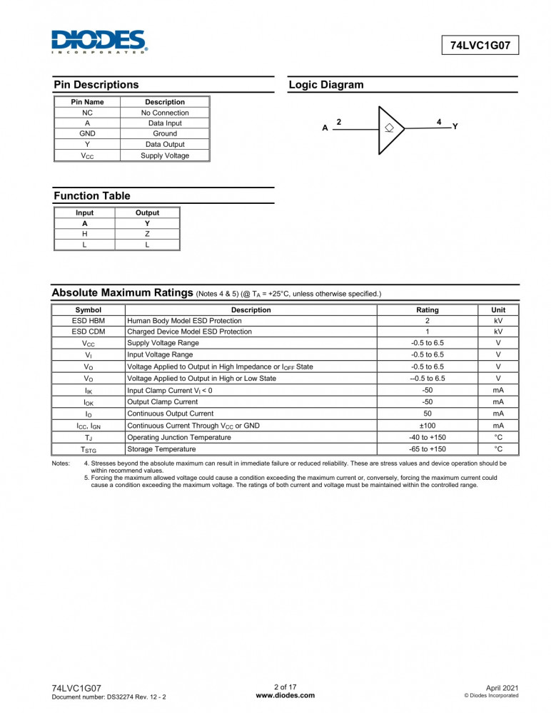 74LVC1G07W5-7 datasheet page 2