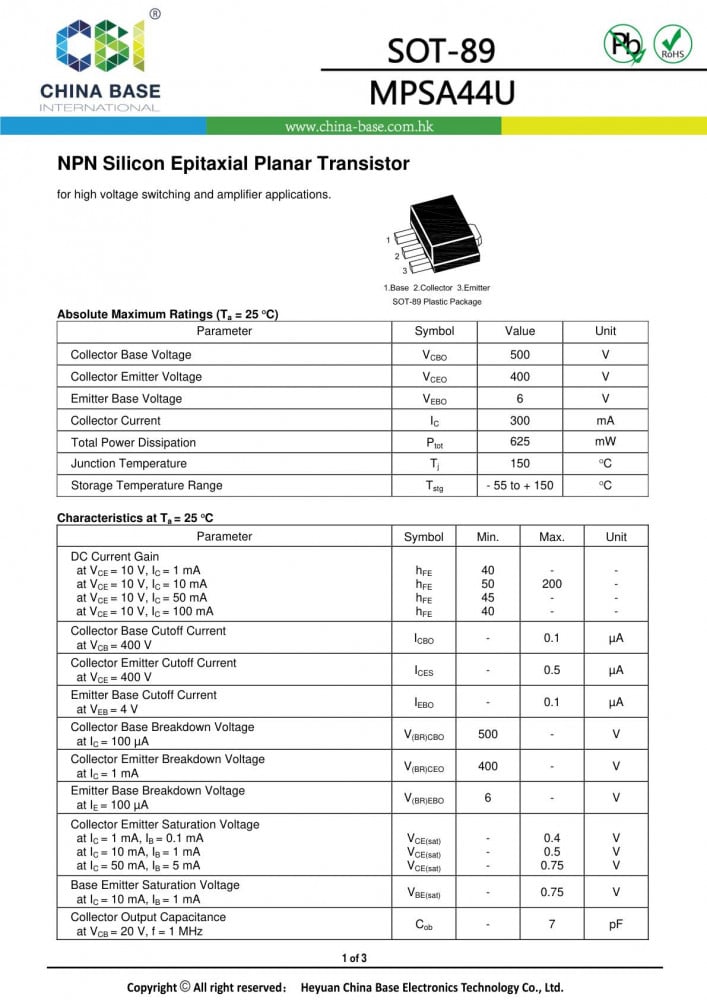 CBI MPSA44U datasheet page 1