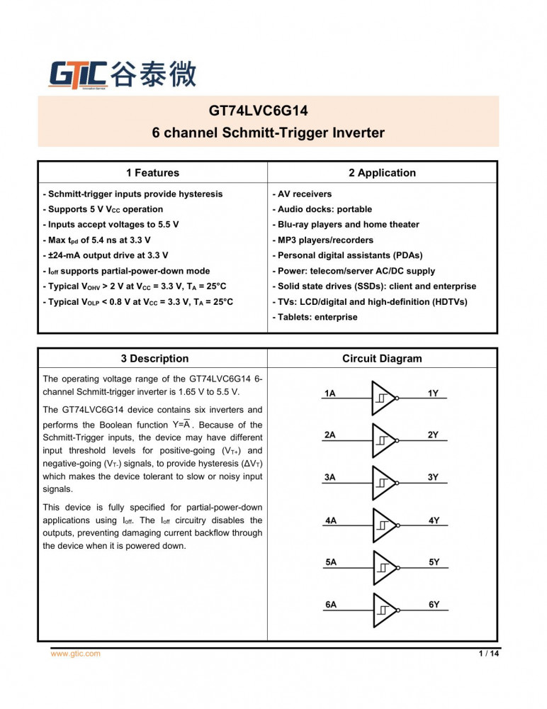 GT74LVC6G14 datasheet page 1