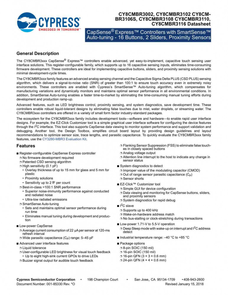 CY8CMBR3108 documentation page 1