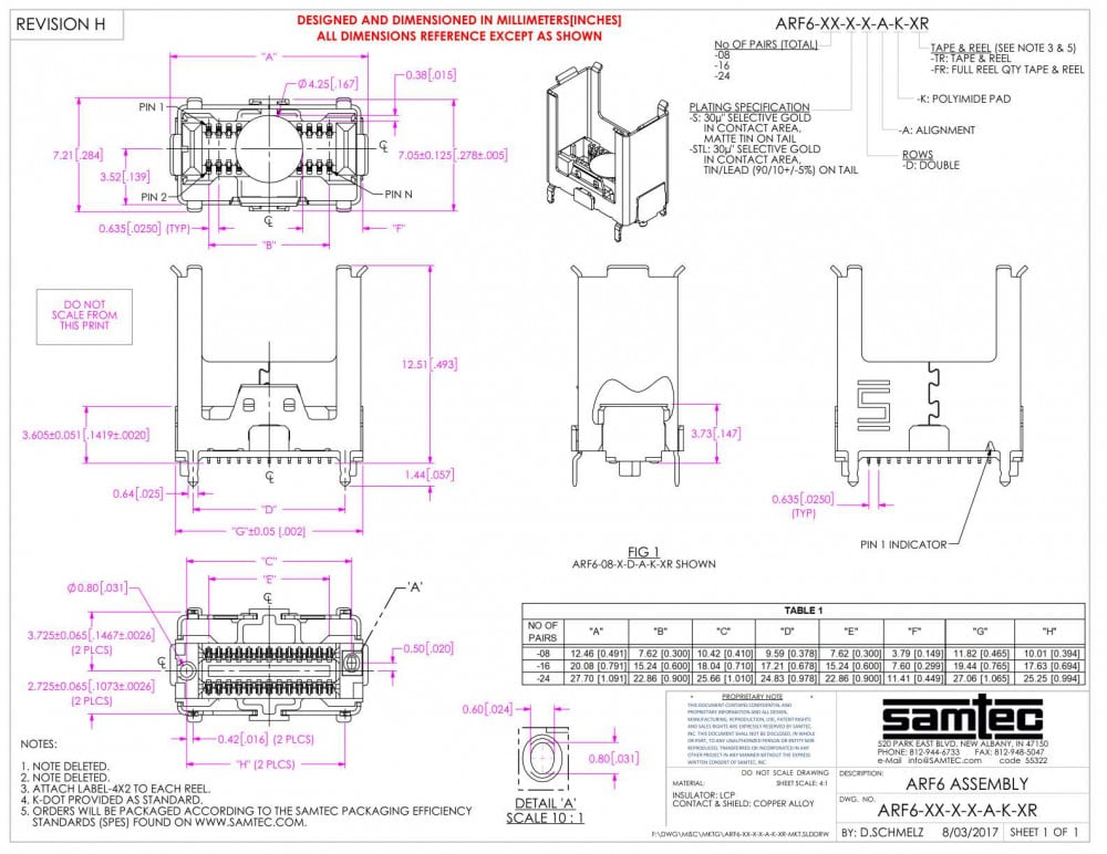 Samtec ARF6-08-S-RA-TR technical drawing