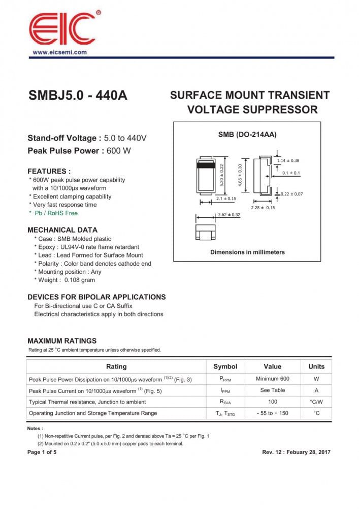 EIC SMBJ series datasheet page 1