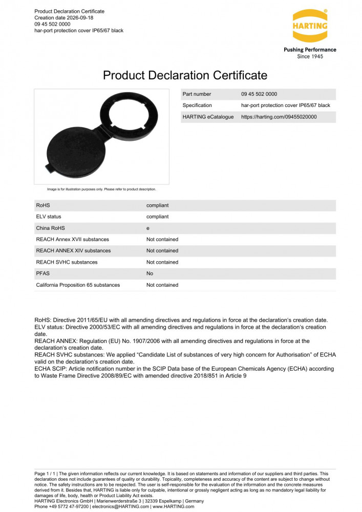 Product declaration document image for 09455020000